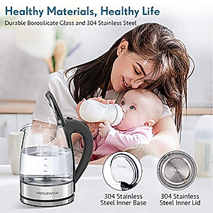 MegaWise 1500W Electric Kettle, 1.8L Borosilicate Glass Tea Kettle with LED Light, Auto Shut-Off and Boil-Dry Protection Cordless Kettle Fast Boiling, BPA Free