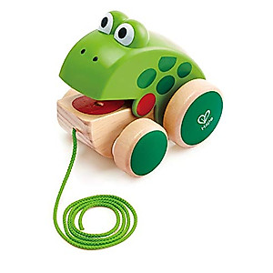 Hape Frog Pull-Along | Wooden Frog Fly Eating Pull Toddler Toy, 4.6 x 3.3 x 3.8 inches, Green