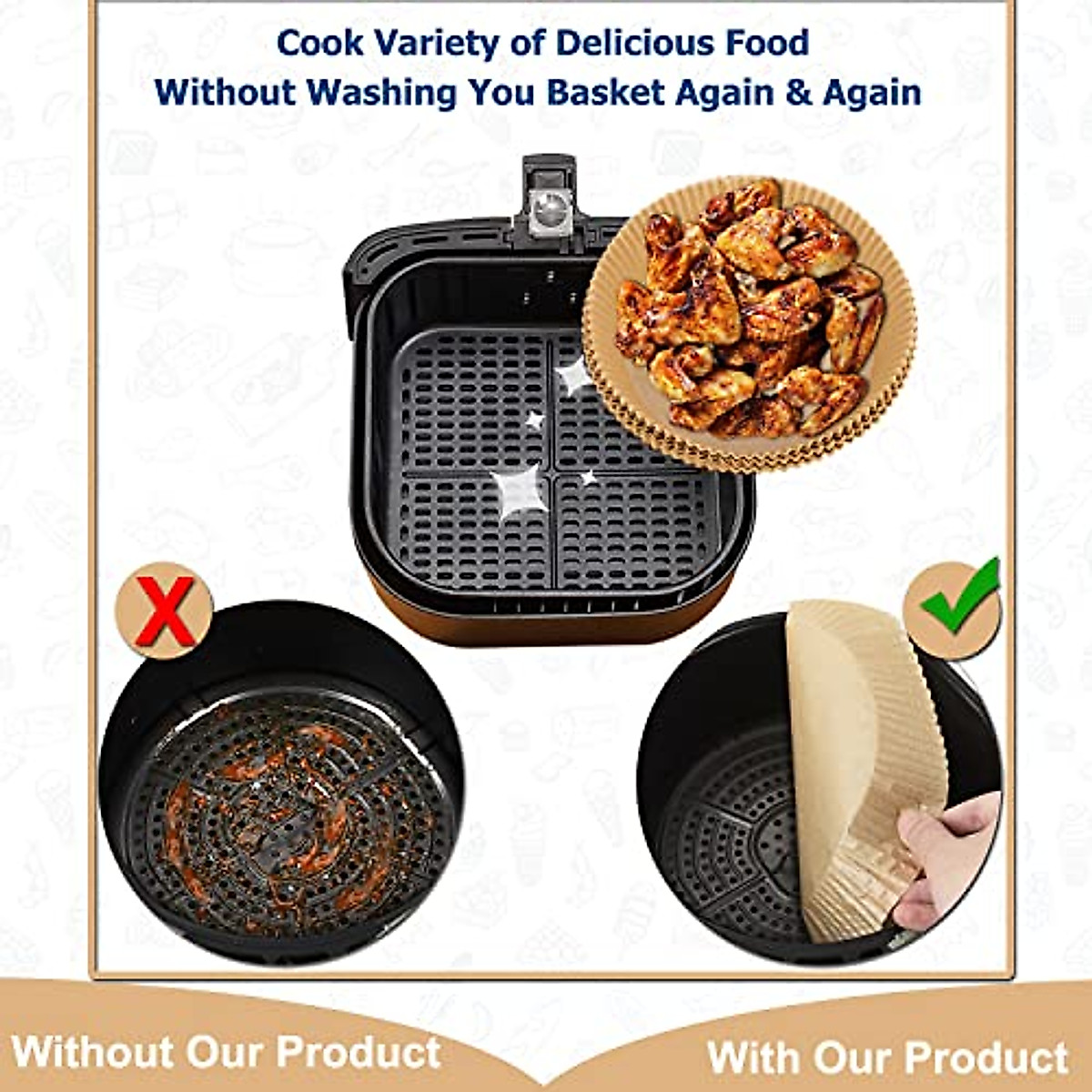 RoyalWare Air Fryer Liners 100 Pc Disposable Paper Liner – 7.9 Inch Non-Stick Round Parchment Paper – Oil Proof Heat Resistant Air Fryer/Baking Paper