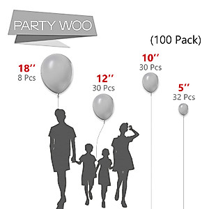 PartyWoo Gray Balloons, 100 pcs Matte Gray Balloons Different Sizes Pack of 18 Inch 12 Inch 10 Inch 5 Inch Grey Balloons for Balloon Garland or Balloon Arch as Birthday Party Decorations, Gray-Y71