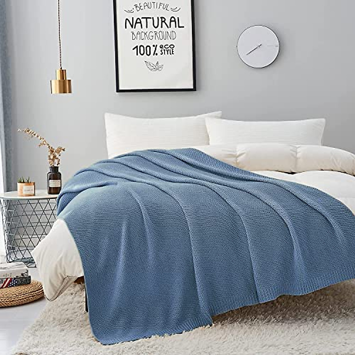 Queenshin 100% Cotton Cozy Cable Knit Throw, Lightweight Fluffy Snuggle Bed Sofa Decorative Knitted Blanket 50 * 60 Inch, Blue