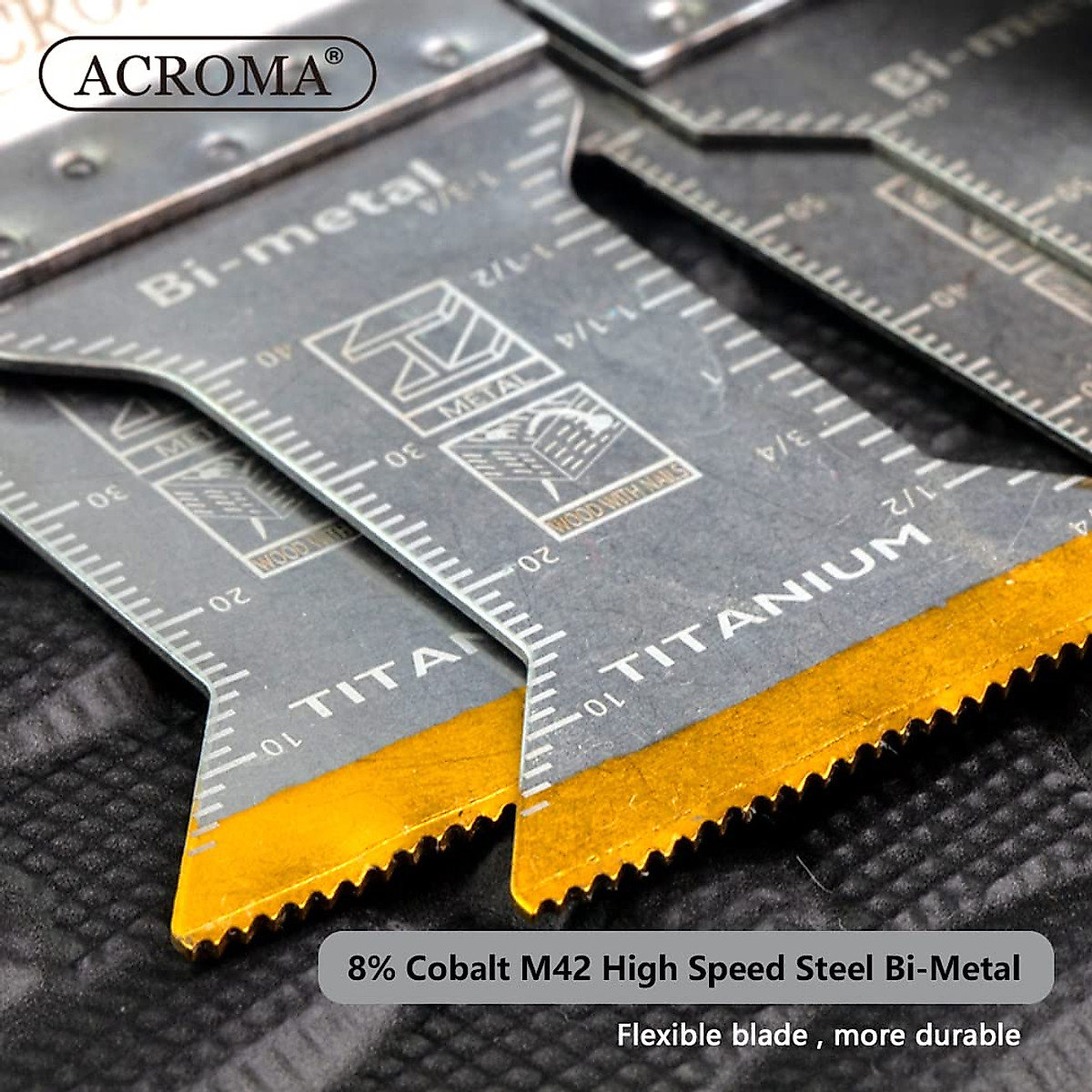 Acroma 5-Piece Universal Oscillating Multitool Blade Set, Titanium-Enhanced M42 HSS Bi-Metal, Including 2" and 2-2/3" Extra-Long Blades, Ideal for Plunge/Flush Cut on Multi-Materials. BM50005