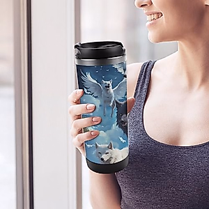 Wolf with Wings Under Moon Travel Coffee Mug Reusable Insulated Drinking Cup with Lid for Home Outdoor Works 13 Oz