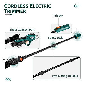 MELLCOM Electric Pruning Shears, Cordless Pruning Shears with 5.1/6.6 Ft High Telescopic Pole, Lithium Battery Powered, with Safety Protection, Green