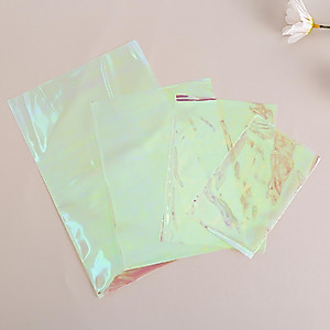 Morepack Easter Iridescent Holographic Cellophane Bags,6x9 Inch 100 Pcs Party Favor Treat Bags with 5 Colors Twist Ties for Baby Showers Weddings Birthday Party