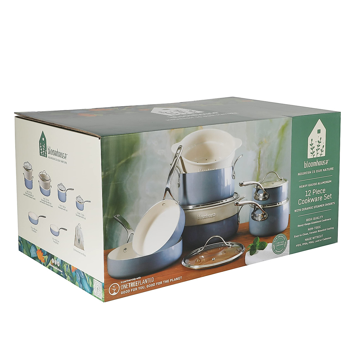Bloomhouse - Oprah's Favorite Things - 12 Piece Aluminum Pots and Pans Cookware Set w/Non-toxic Ceramic Non-stick, Ceramic Steamer Insert, & 12 Protective Care Bags - Periwinkle Blue