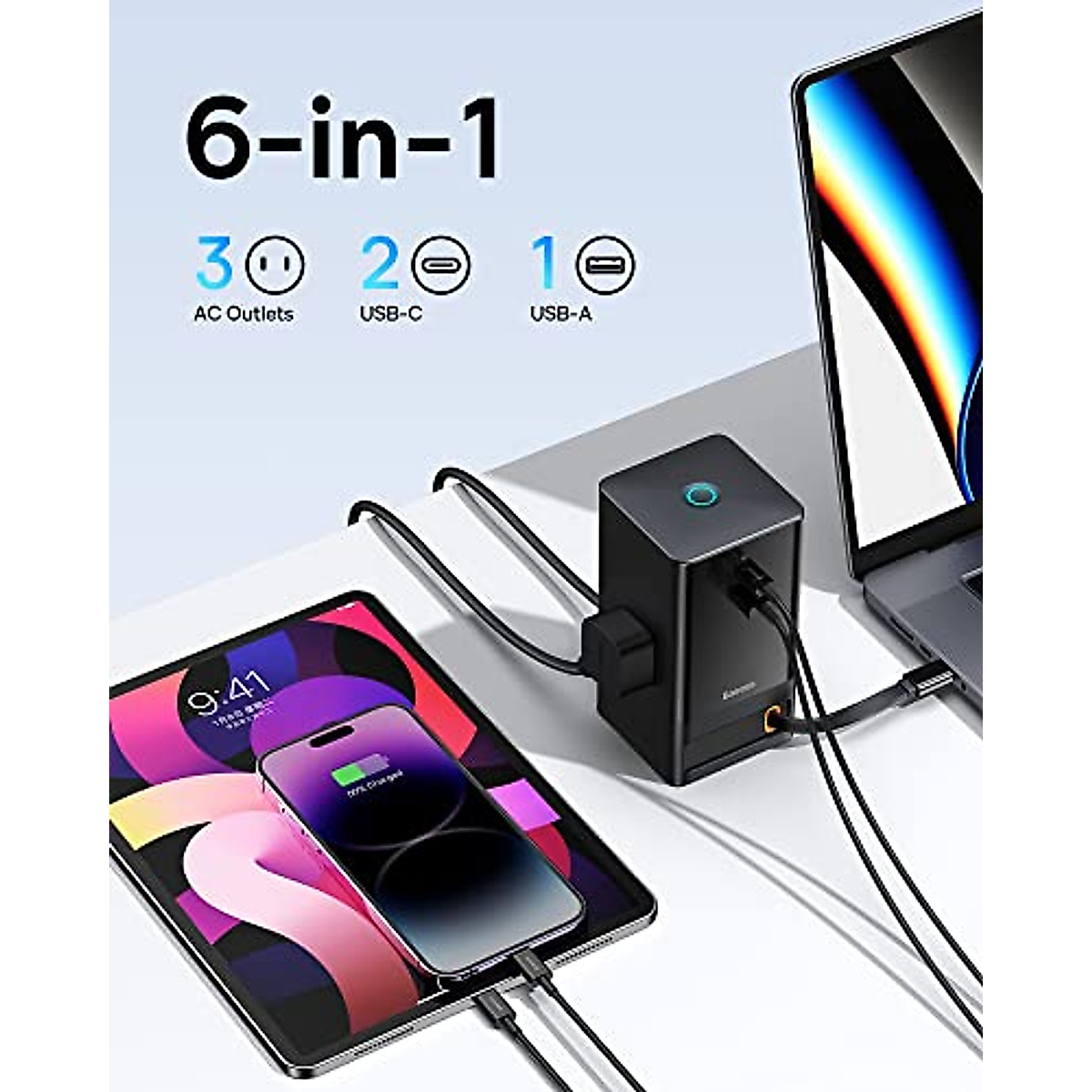 USB C Charger Baseus PowerCombo Tower 65W, 6-in1 Charging Station with Retractable USB-C Cable, 3 Outlets, USB A USB C Ports, Surge Protector Power Strip for MacBook, iPhone, Laptop, Multiple Devices