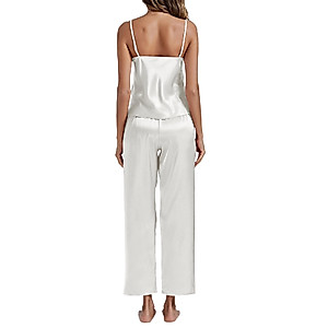LYANER Women's Satin Silk Pajamas Set V Neck lace Trim Cami Top and Pants Sleepwear Pjs Set White Large