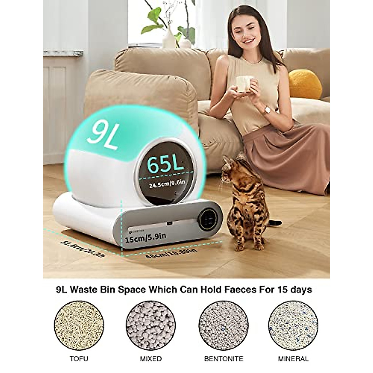 CHRYSA Self-Cleaning Cat Litter Box, Integrated Safety Protection Automatic Cat Littler Box for Multi Cats, Extra Large/Odor Isolation/APP Control Smart Cat Litter Box