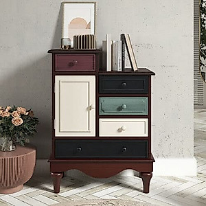 MAXCBD Nightstand Bedside Table Drawer Cabinet Bedroom Nightstand Vintage Cabinet with 5 Drawers & 1 Storage Cabinet Brown Vintage Style Storage Tower Dresser