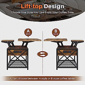 Osfvolr 43" Lift Top Coffee Table with Charging Station, 4 in 1 Coffee Tables with Storage, Farmhouse Coffee Table Converts to Dining Table for Living Room, Game Table, Home Office