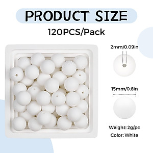 120PCS FIVEIZERO Silicone Beads, 15mm Silicone Beads White for Keychain Making Bulk Round Silicone Beadsfor Bracelet Necklace DIY Crafts Making (White)