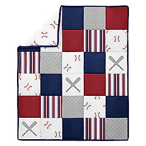 Sweet Jojo Designs Red, White and Blue Baseball Patch Sports Baby Boy Crib Bedding Set - 4 Pieces - Grey Patchwork Stripe