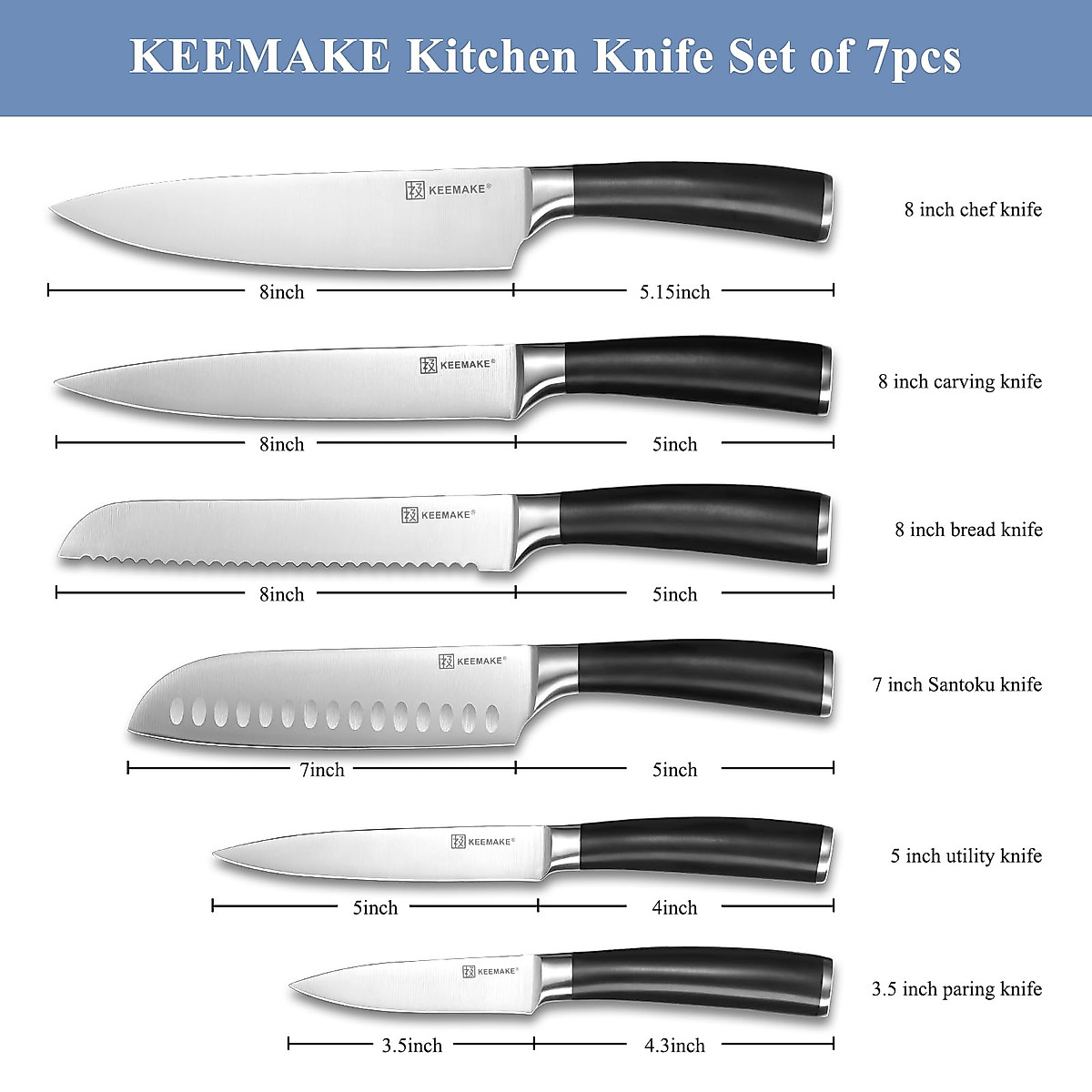 KEEMAKE Kitchen Knife Block Set - 7Pcs Kitchen Knives with Magnetic Knife Holder, High Carbon Stainless Steel Chef Knife Set with Block, Ultra Sharp Knives Set for Kitchen With Ergonomic Handle
