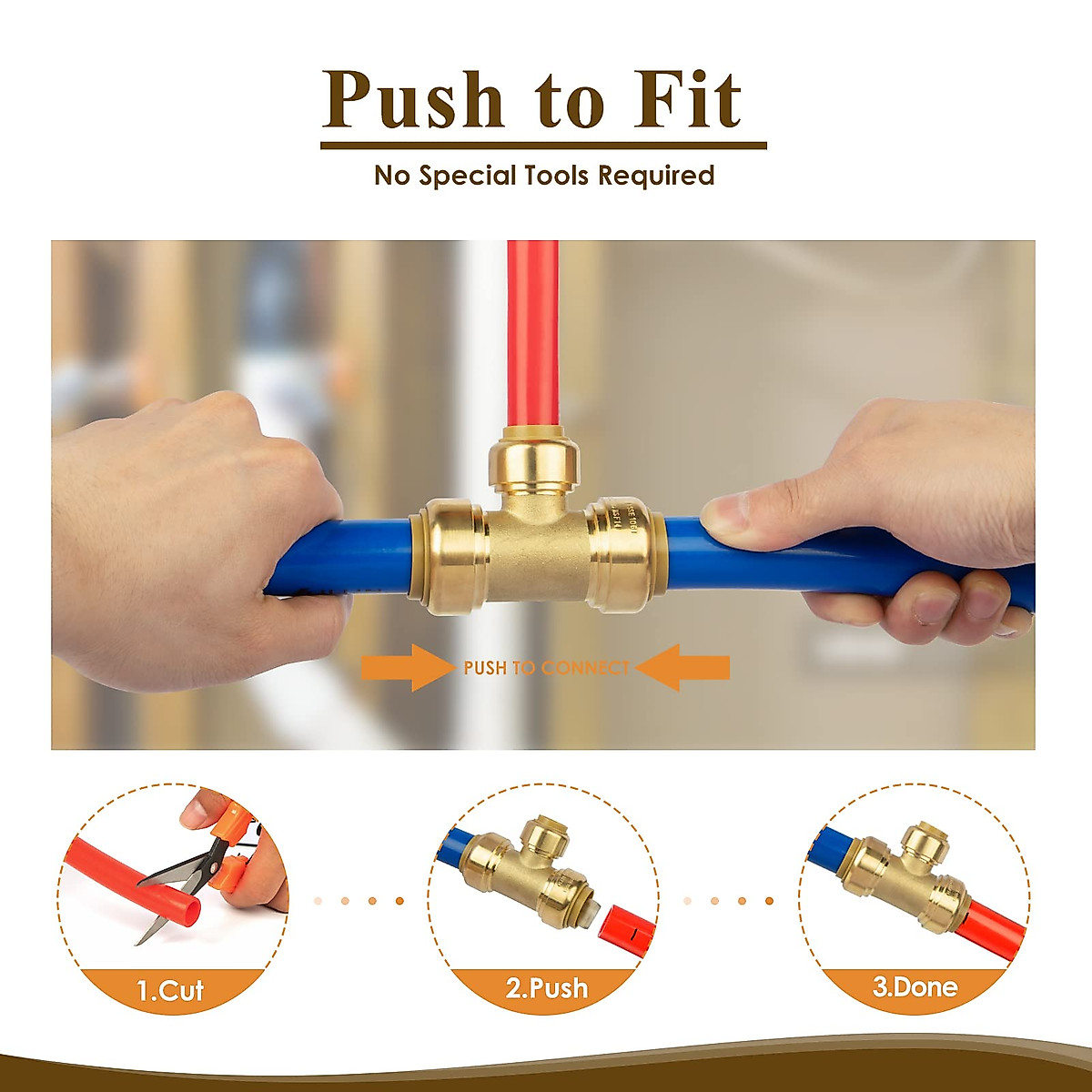 JUWO 3/4"x 3/4" x1/2" Reducing Tee for PEX, Copper, CPVC Pipe, Push to Connect Brass Plumbing Fitting with Disconnect Clip (1 Pack)