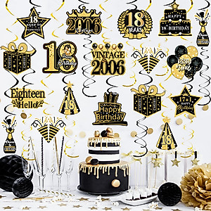 42PCS Black and Gold 18th Birthday Hanging Swirls Decorations for Boys Girls, Happy 18th Birthday Streamers Party Decorations, Vintage 2006 Eighteen Birthday Ceiling Decorations Hanging Whirls