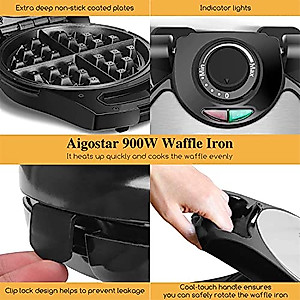 Belgian Waffle Maker, 8 Inch Flip Waffle Irons with Non-Stick Surfaces, 900W Waffle Makers with Temperature Control, 4 Slice, Black, ETL Certificated, Aigostar