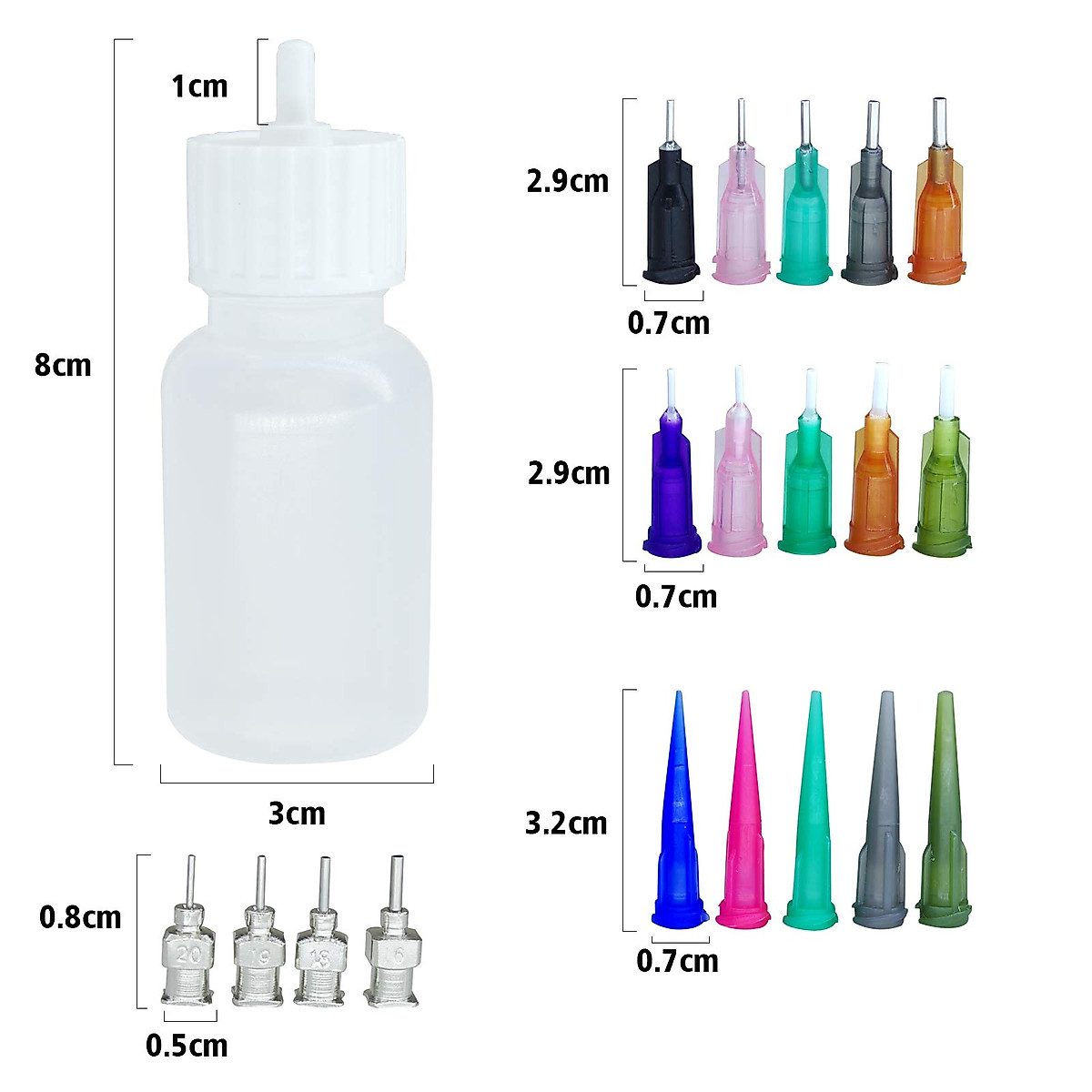 Xmasir Multi Purpose Precision Applicator JAC Bottle for Henna Set 2 pcs 1 Oz.Bottle with 4 pcs Caps and 16 pcs Needle Tips Sizes