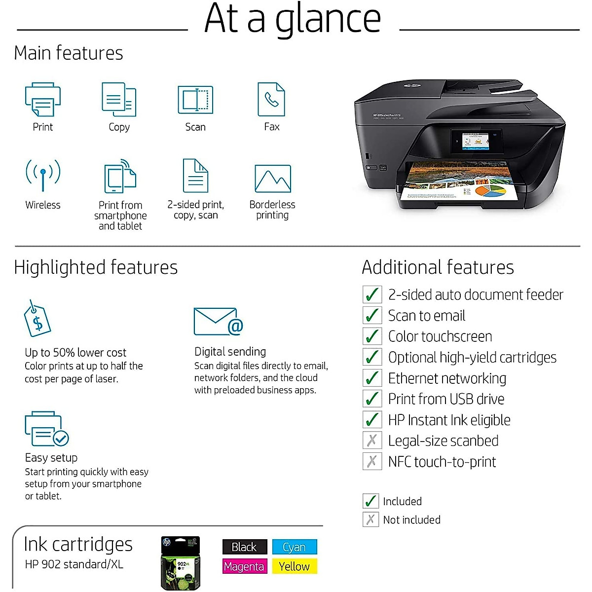HP OfficeJet Pro 6978 All-in-One Color Inkjet Wireless Printer for Home Office, Black - Print Scan Copy Fax - 600 x 1200 dpi, 20 ppm, 35-Sheet ADF, 2.65" Touchscreen Display, Auto Duplex Printing