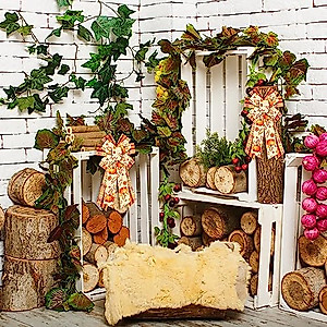 Threetols 2 Rolls 10 Yards Fall Wired Edge Ribbons, 2.5inch Orange Plaid Burlap Ribbons, Autumn Leaves Pumpkin Ribbon for Thanksgiving Party DIY Craft Fall Wreath Bow Decor