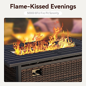 GREEN PARTY 4-Pieces Patio Furniture Set, Outdoor Metal Patio Conversation Set with Fire Pit Table, Patio Sofa with Cushions, Beige