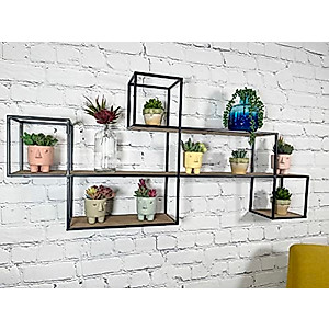 Admired By Nature White Oak Wood Modern Offset Mounted Metal Hanging Storage Floating Shelves, Black, ABN5E159-NTRL Wall Shelf