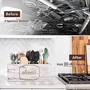 Yumkfoi Extra Large Utensil Holder with 4 Compartments, Wooden Farmhouse Utensil Organizer for Kitchen Counter, Rustic Cooking Utensil Holder Countertop Utensil Crock Spatula Holder (Distressed White)