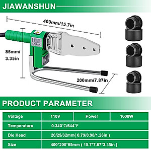 JIAWANSHUN Plastic Water Pipe Welder 110V Plastic pipe welding tool PP/PP-R/PE/PP-C Pipe Welding Machine with 0.79/0.98/1.30in Die Head (M32)