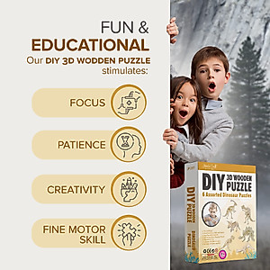Hands Craft DIY 3D Wooden Puzzle – 6 Assorted Dinosaur Bundle Pack Set Brain Teaser Puzzles Educational STEM Toy Adults and Kids to Build Safe and Non-Toxic Easy Punch Out Premium Wood JP2B1