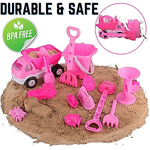 Liberty Imports 14 PCS Pink Sand Toys, Princess Castle Beach Play Set for Girls with Dump Truck, Sandwheel, Bucket, Play Tools and Sand Molds Imaginative Playset for Kids, Toddlers