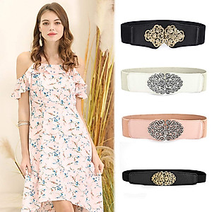 Allegra K Ladies Metal Symmetric Flower Interlock Buckle Textured Elastic Cinch Belt Red-1 Buckle-2