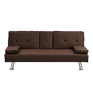 Eafurn Convertible Futon Bed with 2 Cup Holders, Modern Split-Back Folding Loveseat Sleeper w/Adjustable Backrest,Small Sofa & Couches Sofabed, Brown PU
