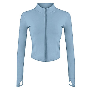 Yeokou Womens Active Zip Up Running Workout Cropped Bbl Athletic Jacket with Thumb Holes(Blue-L)