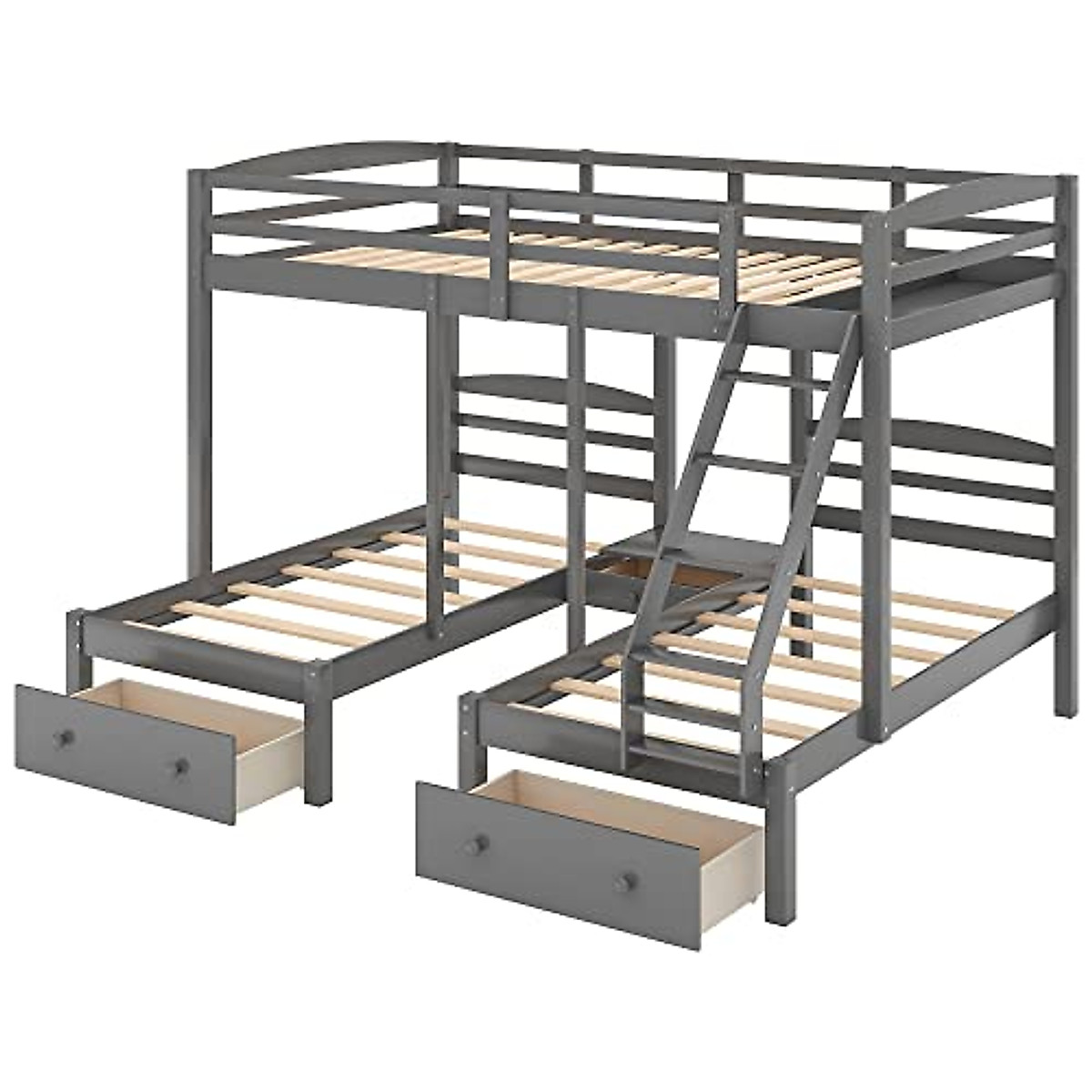 KoiHome Full Over Twin & Twin Bunk Bed with Full-Length Guardrail,Triple Bunk Bed with Built-in Drawers and Solid Slat Support for Teens Bedroom,Space-Saving Design, No Box Spring Needed, Grey