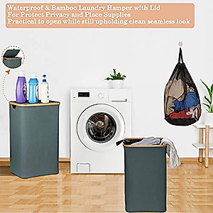 BEENLE 82L Bamboo Large Laundry Hamper with Lip and Detachable Laundry Bags, Dirty Clothes Basket with Lid & Handles, Collapsible Laundry Baskets Bedroom Washing Bin for Clothing Organization Toys