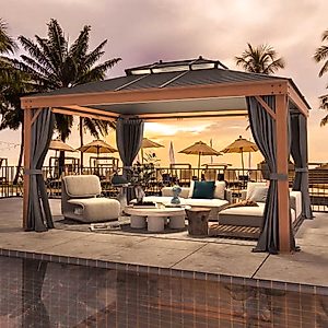 YOLENY 12' x 14' Hardtop Gazebo Faux Wood Grain Metal Gazebo with Aluminum Frame, Galvanized Steel Double Roof, Outdoor Patio Gazebo Pergolas with Netting and Curtains for Backyard, Patio, Lawns