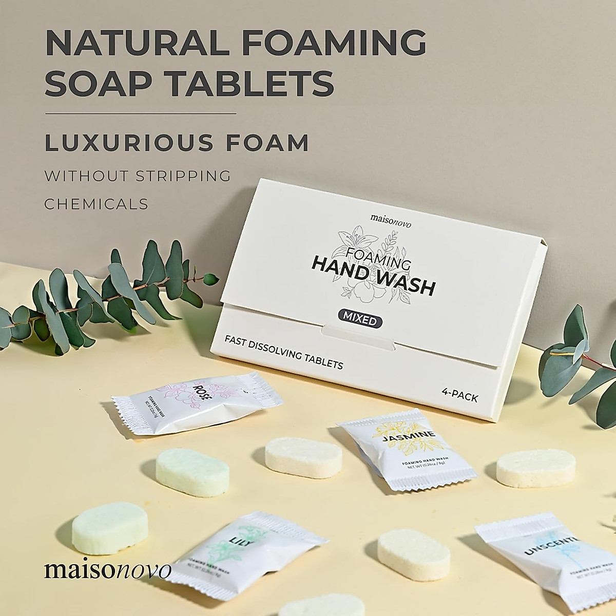 MaisoNovo 4-Pack Mix Scent Foaming Hand Soap Tablets - Black Glass Black Pumps x 2