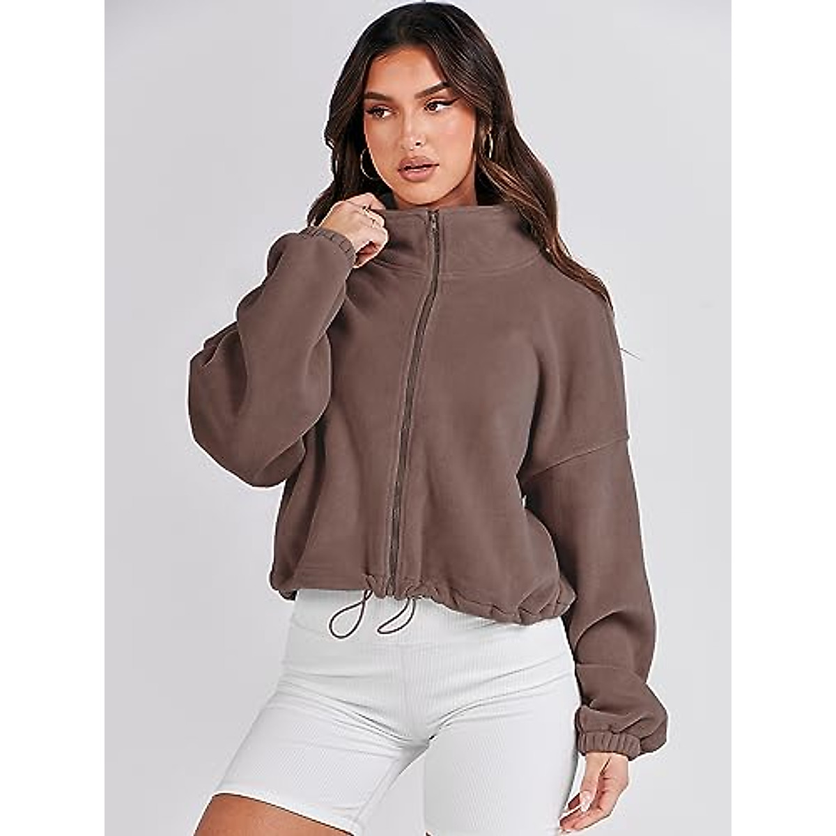 ANRABESS Jacket for Women Full Zip Oversized Fleece Crop Sherpa Coat Long Sleeve Drop Shoulder Stand Collar Drawstring Hem Soft Cozy Thick Trendy Winter Tops Outfits 1097qianzong-L