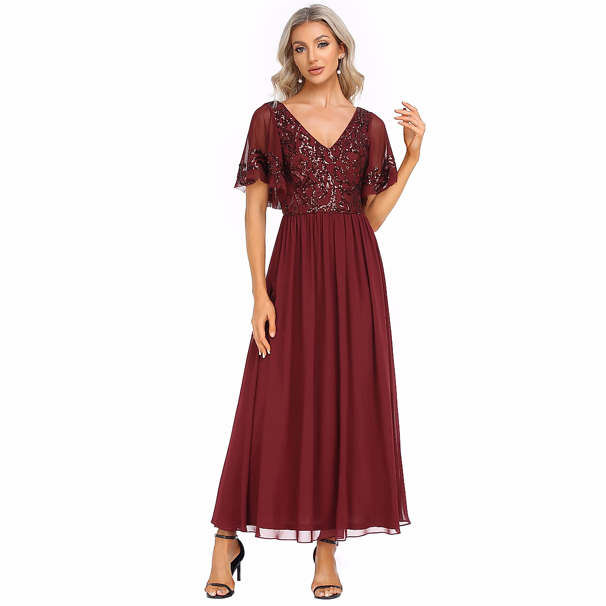 Ever-Pretty Women's Sequin Ruffle Sleeve V Neck A-Line Pleated Open Back Long Chiffon Formal Dresses Burgundy US26