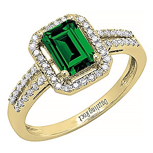 Dazzlingrock Collection 14K 7X5 MM Emerald Shape Created Emerald & Round Diamond Women Ring, Yellow Gold, Size 10