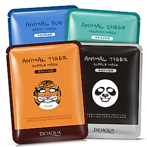 BIOAQUA Animal Face Mask Sheet Enriched with Natural Serum for Radiant and Nourished Skin At Home Spa Moisturizing Facial with Fun Animal Characters: Panda Tiger Sheep Dog (4 Sheets Variety Pack)