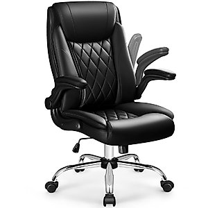 Furmax Faux Leather Ergonomic Office Chair High Back Executive Desk Chair Flip Up Arms Padded Comfortable Managerial Chair with Lumbar Support Swivel Computer Gaming Chair (Black)