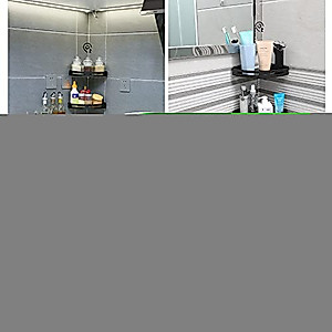 Shower Corner Shelf, Adhesive Black Shower Caddy Wall Mounted, Non-drilled Kitchen Rack Bathroom Corner Shelf with Hooks, Aluminum Storage Shelves for Bathroom, 2-pack Paste or Driling