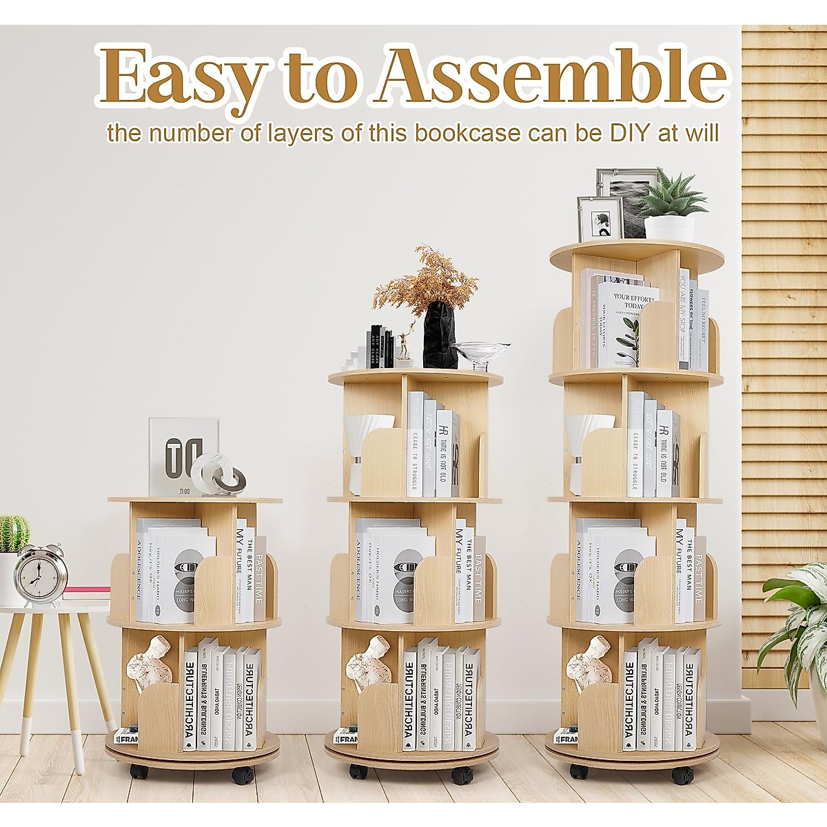 tonchean 4 Tier Rotating Bookshelf Tower,Wood Revolving Bookcase with Wheels Vertical Kids Toddler Bookshelf with Storage,Corner Display Bookshelf Rack for Library Study Office Living Room