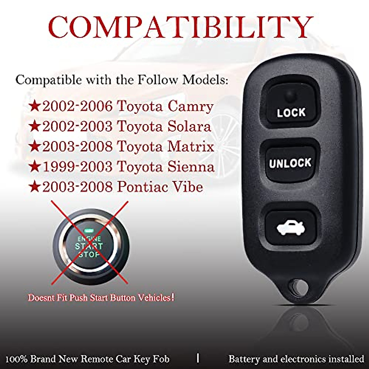 2 Key Fob Remote Replacement Fits for Toyota Sienna 1999 2000 2001 2002 2003/Matrix&Pontiac Vibe 03 2004 2005 2006 2007 2008/Camry 02-06/Solara 02-03 Q43VT14T Keyless Entry Remote Control 89742-AA030