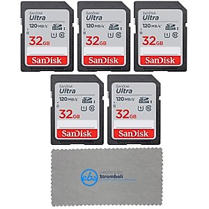 SanDisk 32 GB Class 10 SD HC Ultra Flash Memory Card - 5 Pack (SDSDUNR-032G-GN6IN) Bundle with Everything But Stromboli Microfiber Cleaning Cloth