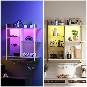 BELLEZE Gaming Floating Shelves, 40" LED Display Shelves Wall Mounted 4 Tier Storage Rack, Wooden Hanging Shelf with 6 Hooks, Wine Coffee Bar Rack for Kitchen Organization and Home Decor