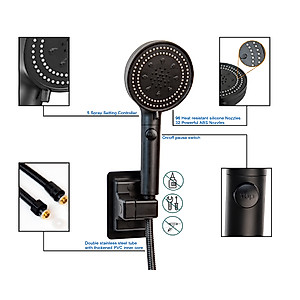 SoaShower High Pressure Handheld Shower 5-Settings、Leakproof Extra Long 78 Inch Stainless Steel Hose、Adhesive Shower Head Holder（Height/Angle Adjustable）、Matte black(Classic)、ON/OFF Pause Switch