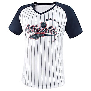 Womens City Baseball Fans Sporty Pinstripe V Neck Tee Shirts - White & Navy Size: Small