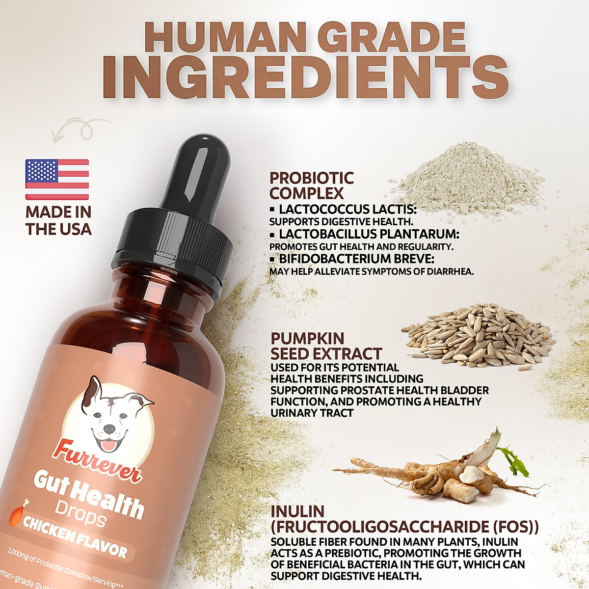 Furrever Gut Health Probiotics for Dogs - Promotes Digestive Health to Sooth and Protect - Supports Occasional Diarrhea, Healthy Skin, Bowel Support, Allergies, Itching, & Gas - Chicken Flavor, 2oz
